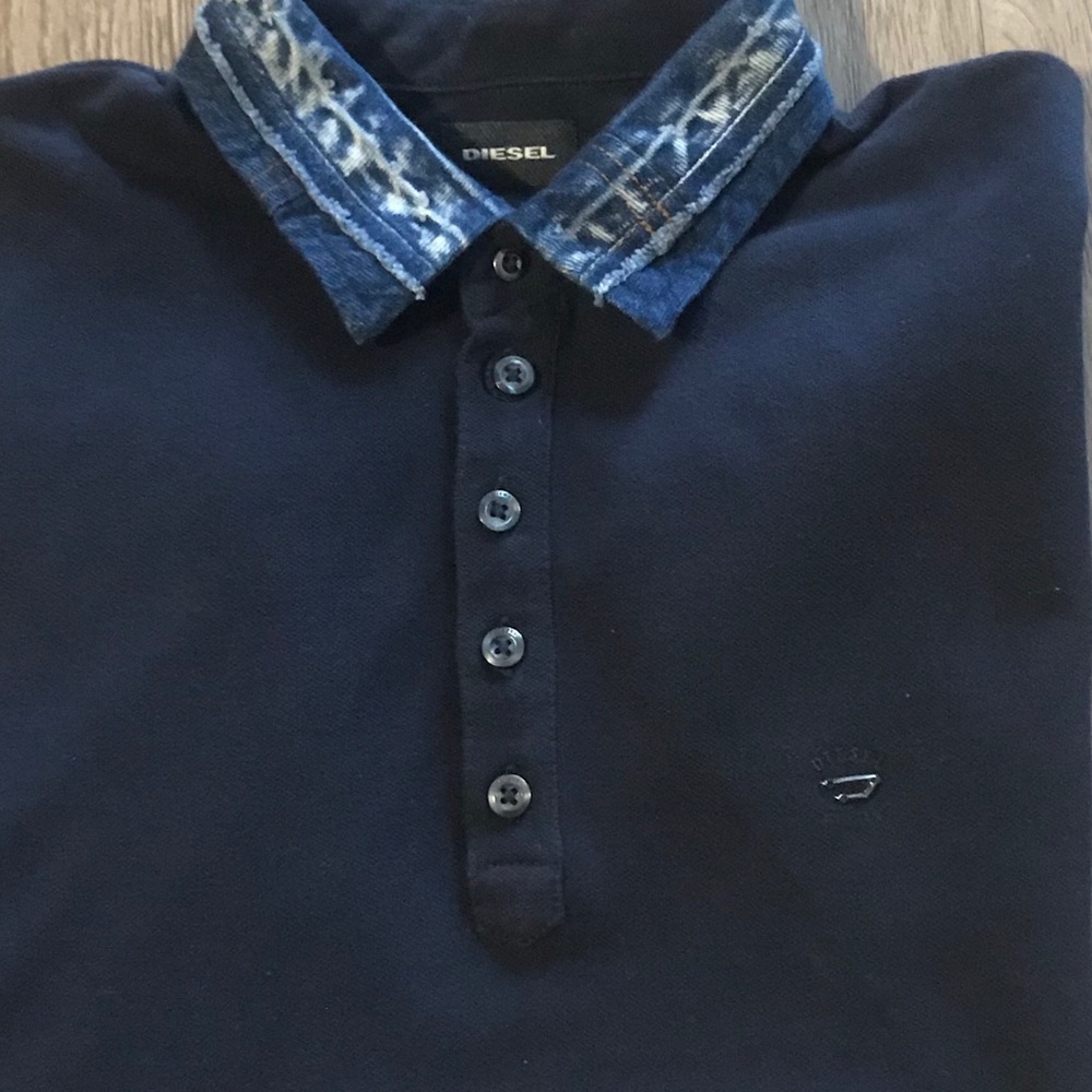Navy Blue Diesel Polo Shirt W/ Distressed Denim Colla… - Gem